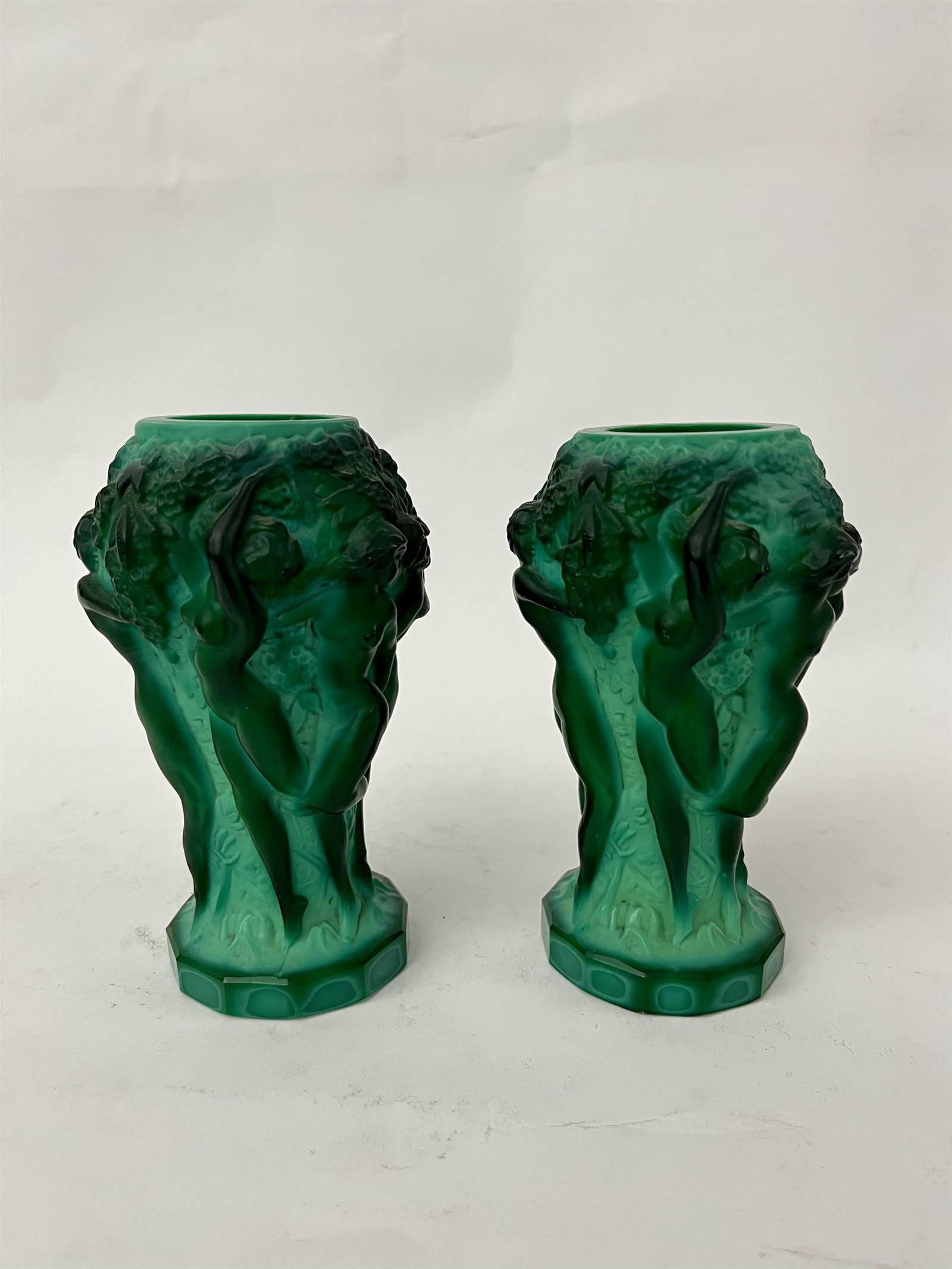 Pair H. Hoffmann Art Deco Malachite Green Swirled Slag Glass Vases With ...
