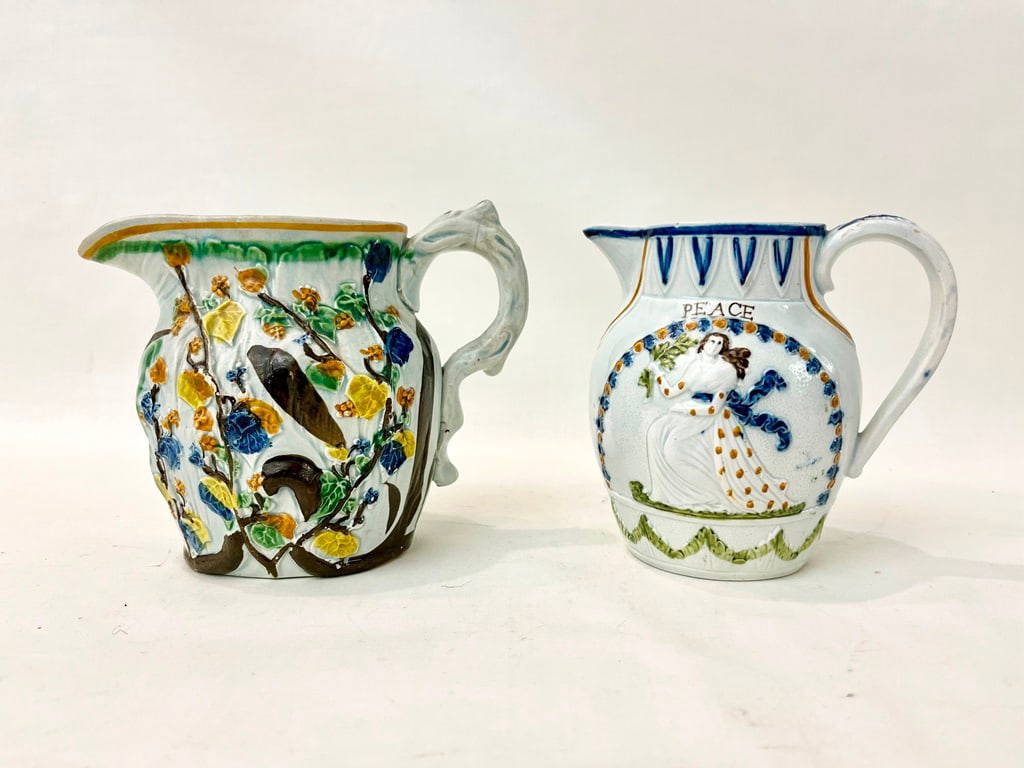 Two Prattware Polychromed Pottery Cream/milk Pitchers, 18th-19th ...