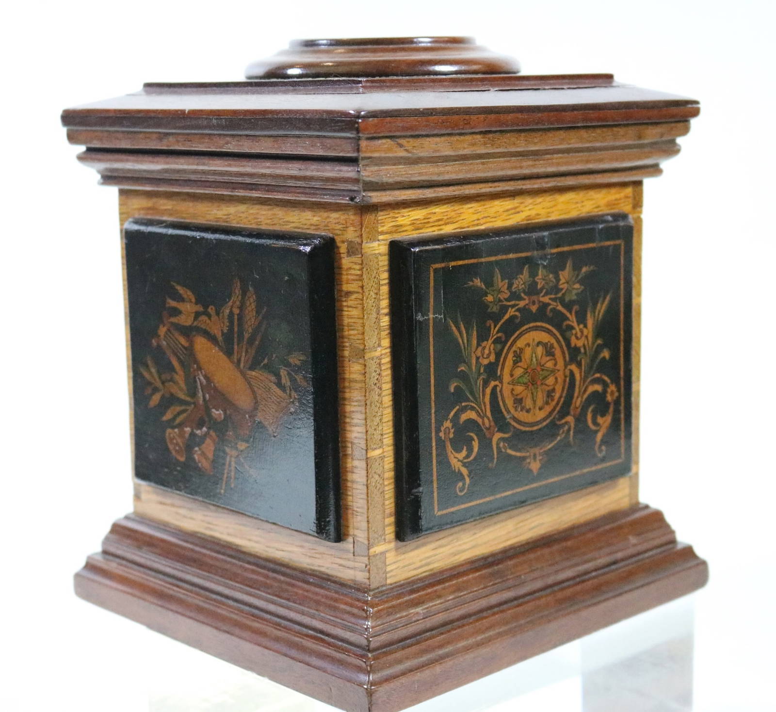 English Oak Lift-cover Cigar Box With Painted Panel Decoration, Late ...