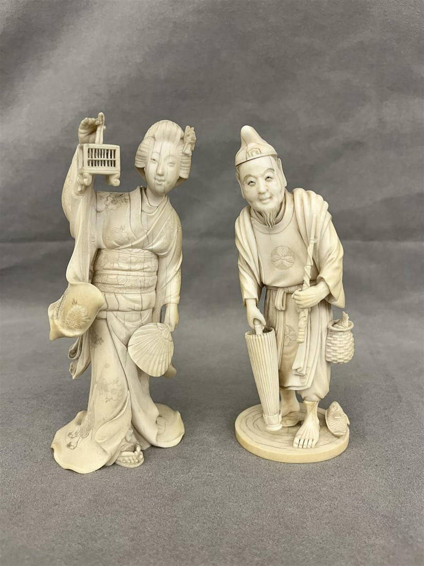 Pair Japanese Carved Figures: Woman With Birdcase, Man With Umbrella ...