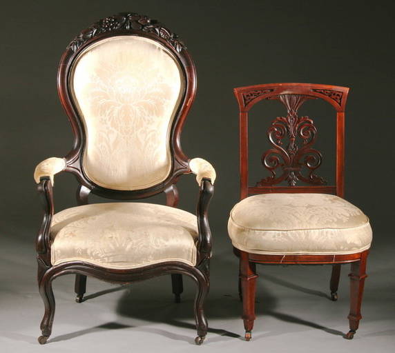 Two Rococo Revival Mahogany Damask Upholstered Car