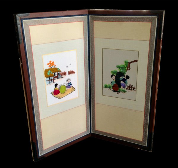 Vintage Korean Silk Table Screen