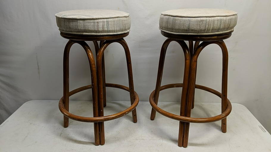 2 Vintage Bamboo Base Swivel Top Bar Stools