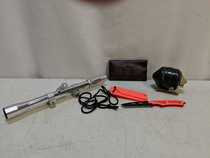 Scope, Zebco Reel, Boy Scout Sewing Kit & A Knife