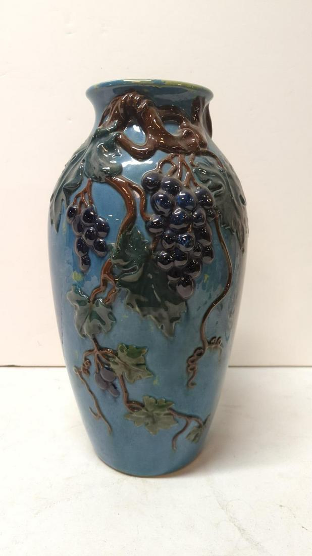 Vintage Blue Art Pottery Vase/raised Relief Grapes