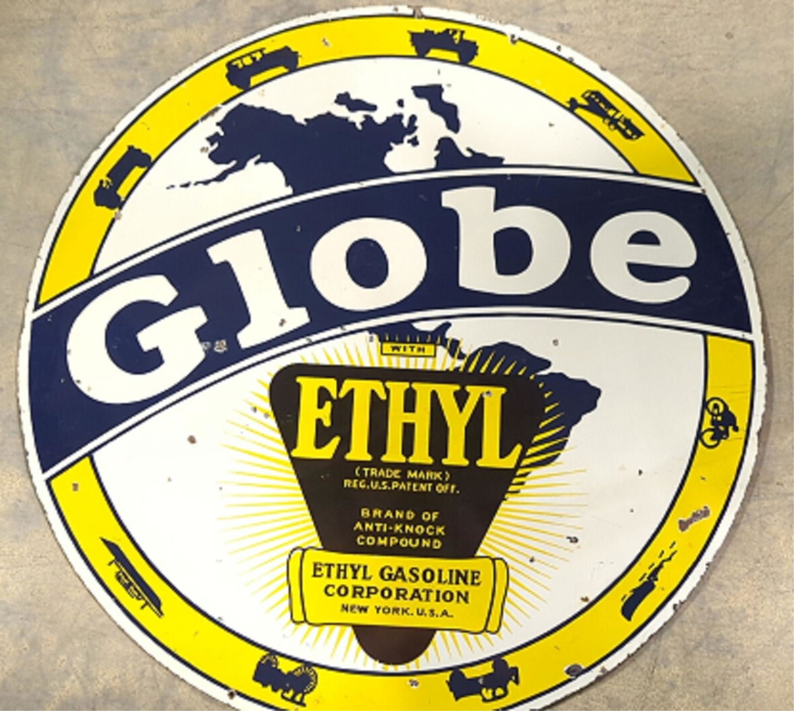 42" Globe Ethyl Gasoline double sided porcelain sign (#0205) on Dec 31 ...