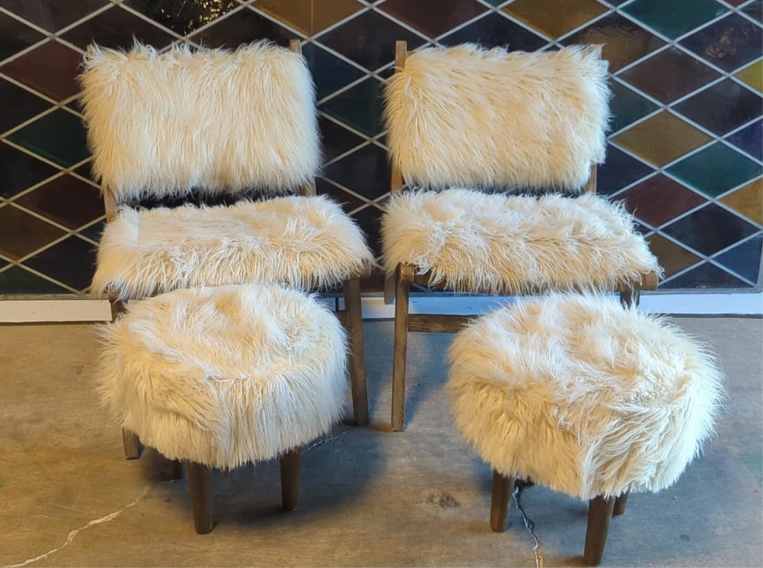 (2) Shaggy Mid Century Style Chairs & Ottomans Auction