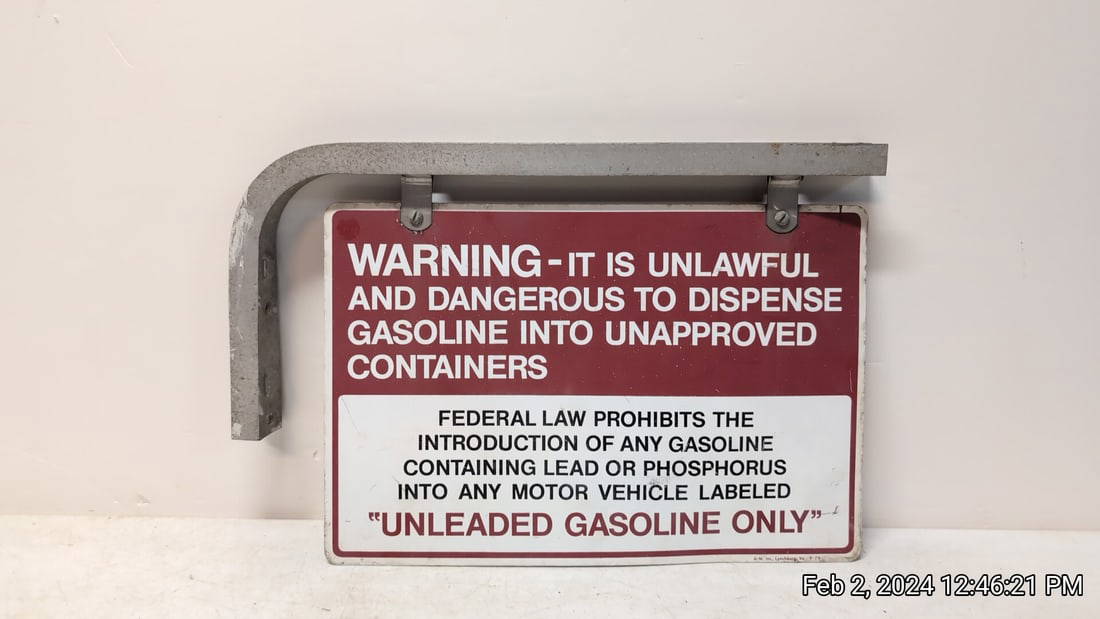 Vintage Warning Unleaded Gasoline Sign Auction