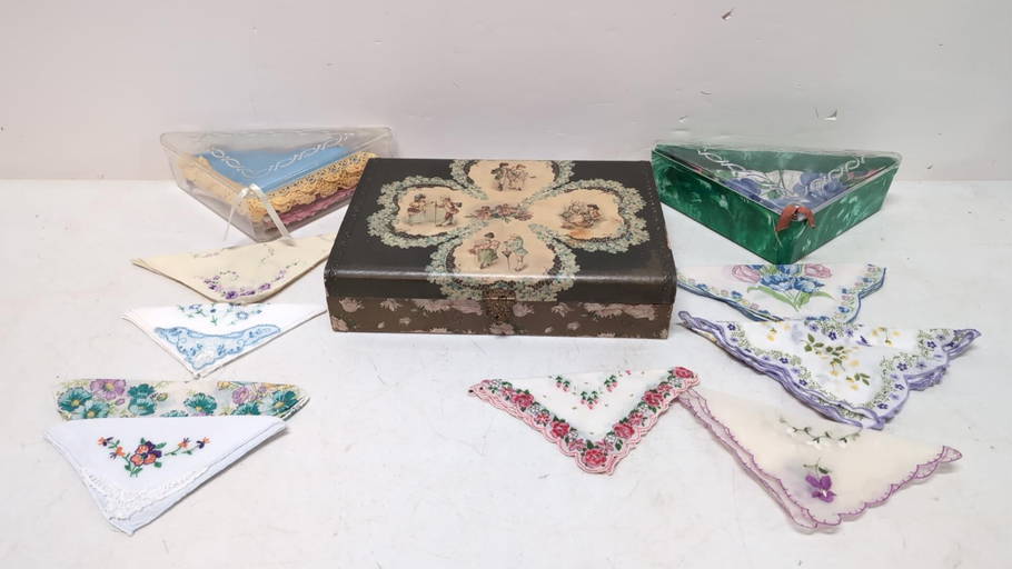 Vintage Jewelry Box & 2 Hanky Boxes With Hankies