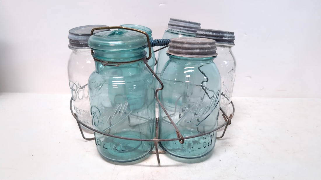 Wire Canning Caddy With 6 Vintage Ball Jars Auction