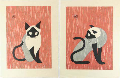 2 Kiyoshi Saito Siamese Cats Woodblock Prints