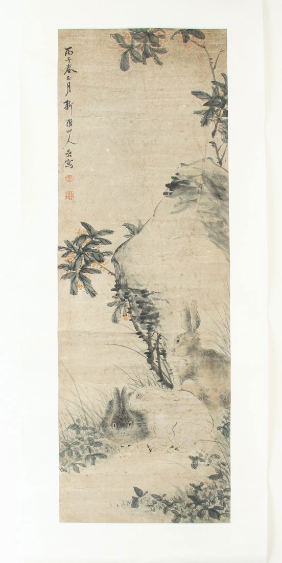 Antique Chinese Scroll with Rabbits