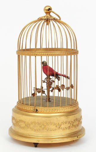 French Gilt Brass Automaton Bird In Cage