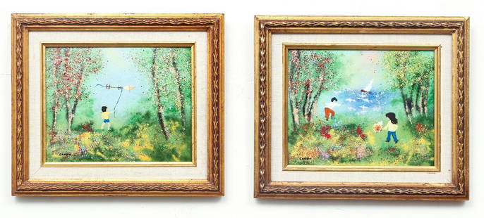 Louis Cardin "children Playing In Forest" Enamel On Copper Framed Painting