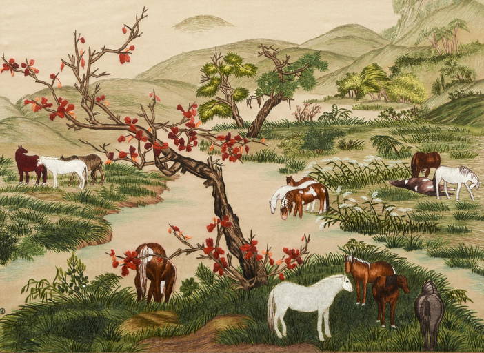 Yan Inlow Silk Embroidered Scene Horses At Pond