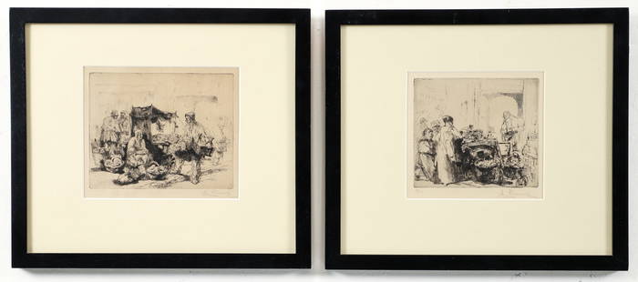 Pair Of Auguste Brouet Rustic French Etchings Signed Auction