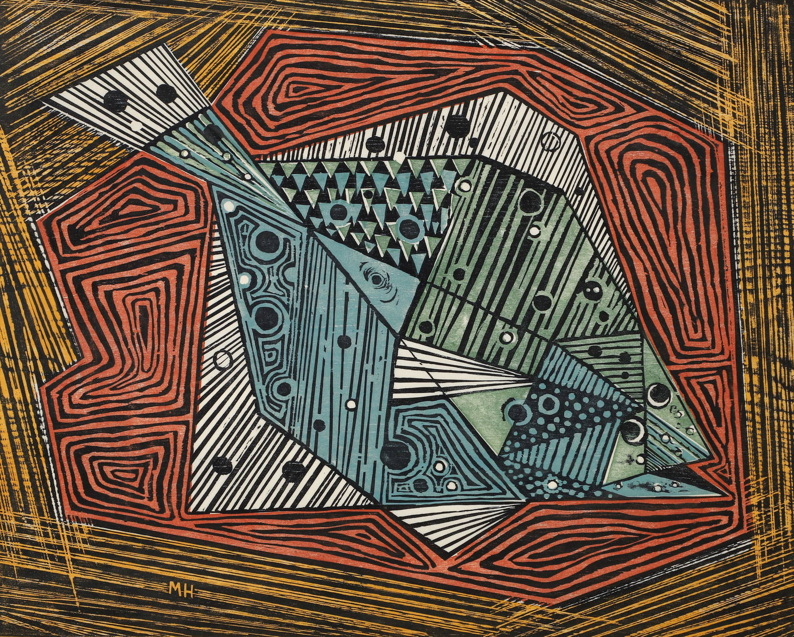 Marjorie Heilman Flounder Fish 1957 Color Woodcut Auction