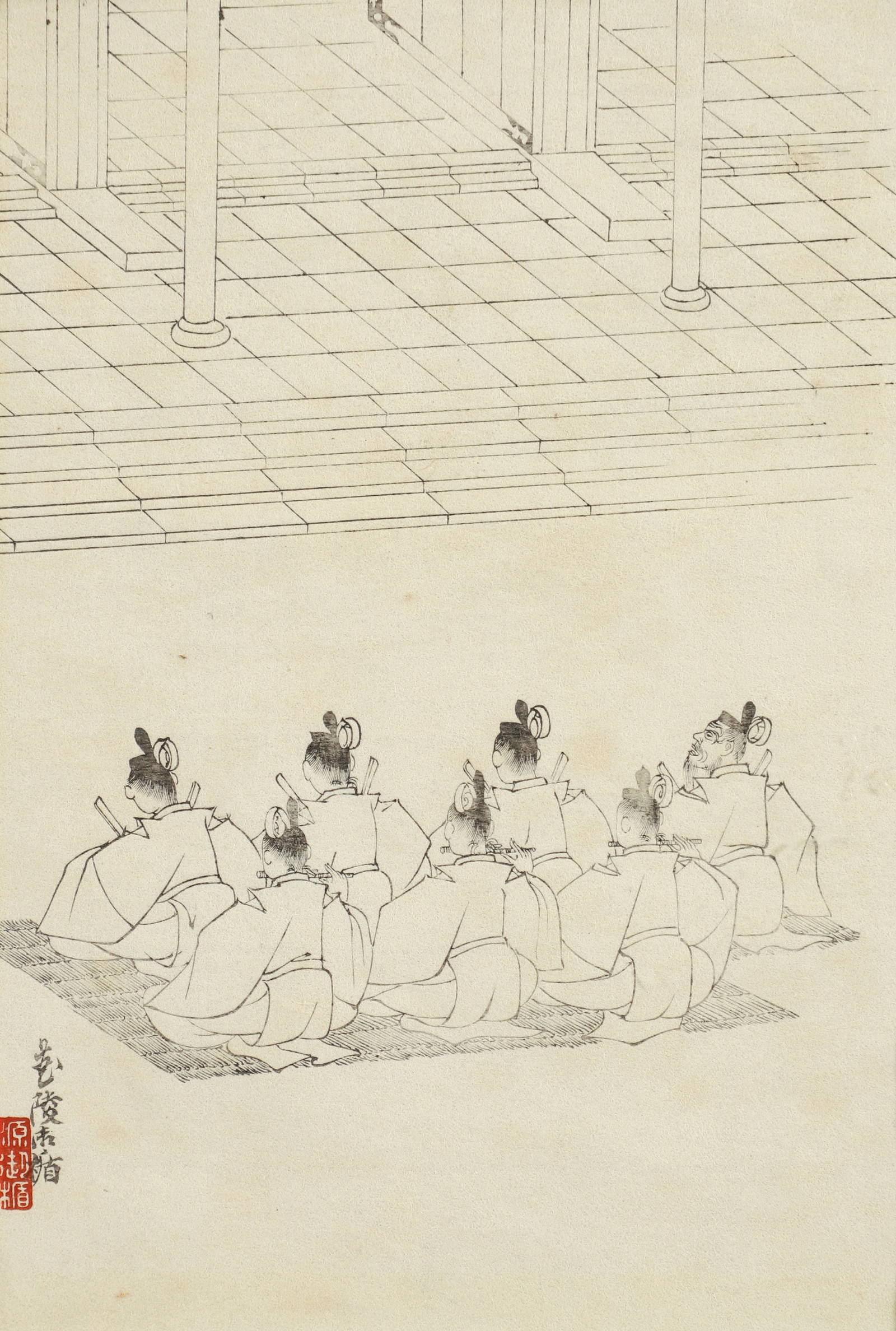 19th Century Japanese Woodblock Monks At Temple Auction