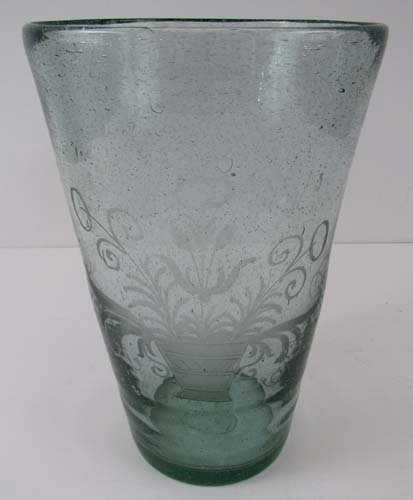 Blown And Etched Antique Pale Green Glass Vase