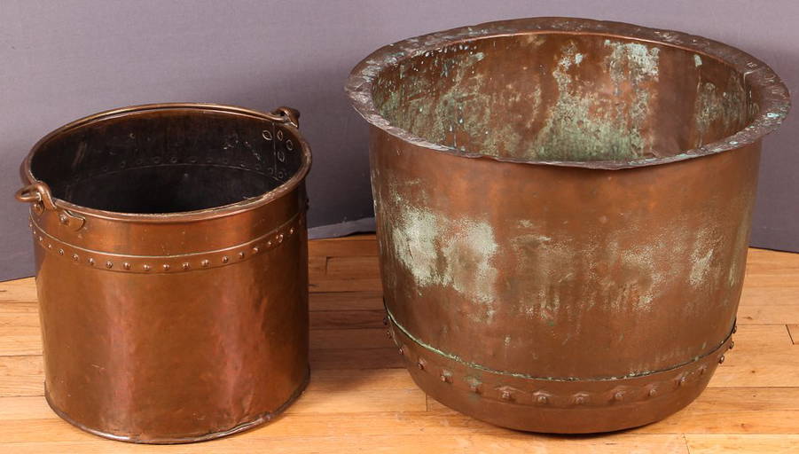 Two Antique Copper Riveted Industrial Buckets