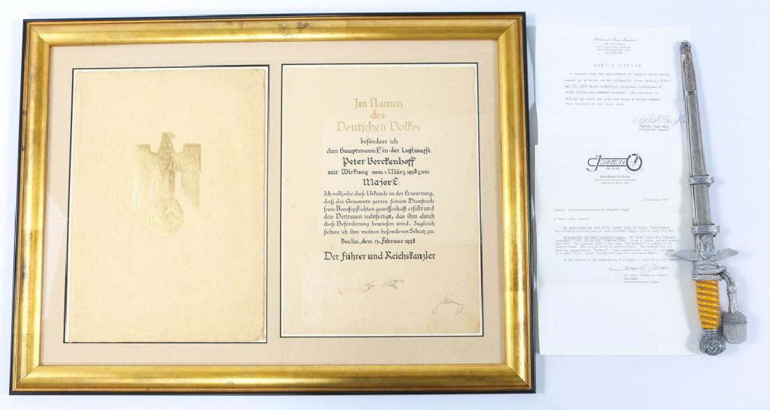 NAMED LUFTWAFFE DAGGER & HITLER SIGNED DOCUMENT