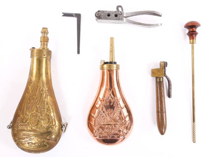 Black Powder Flask, Bullet Mould And Tool Lot