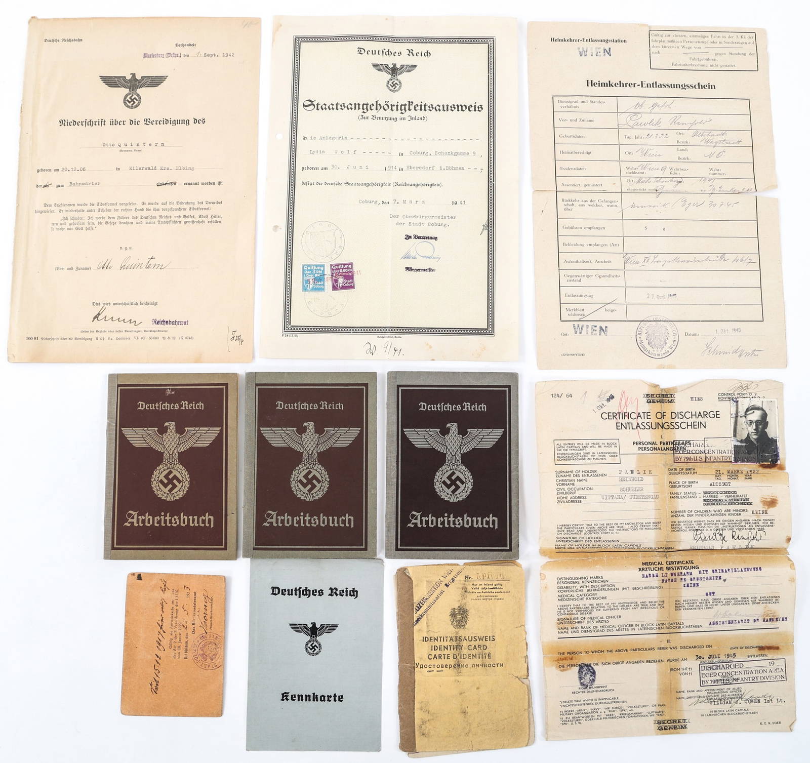 Wwii German Named Document Group & Labor Documents Auction
