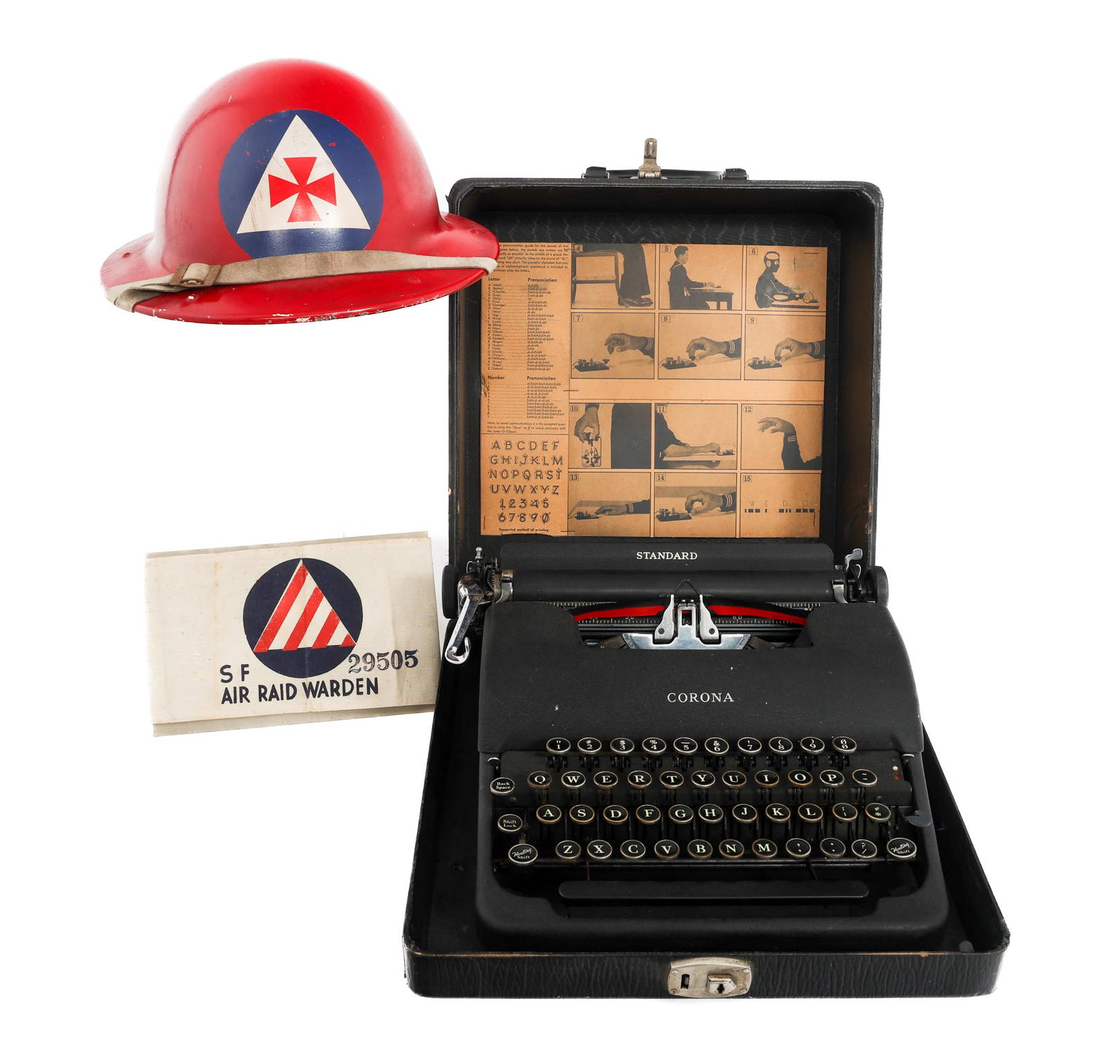 Wwii Us Civil Defense Typewriter, Helmet & Armband Auction