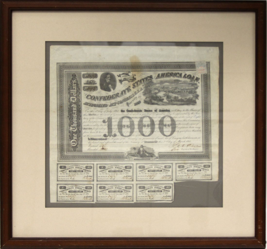 FRAMED $1000 CONFEDERATE BOND SHEET