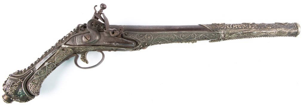 Turkish Flintlock Pistol Silver Filigree Overlay