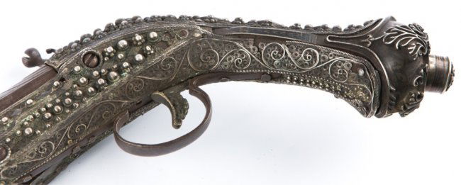 TURKISH FLINTLOCK PISTOL SILVER FILIGREE OVERLAY : Lot 15297