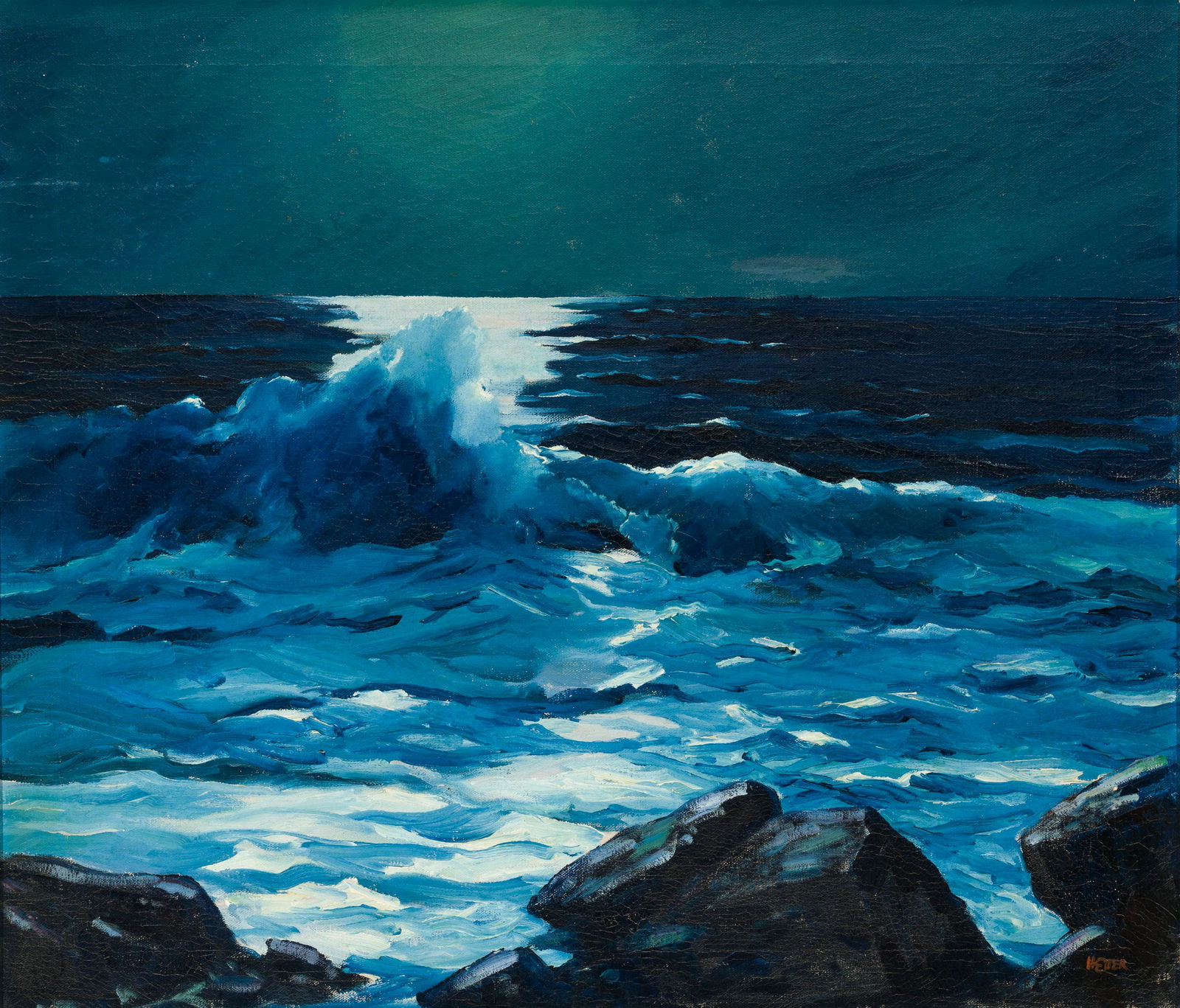 Harold Etter, Am. 1911 1972, "moonlit Surf" 1940, Oil On Canvas, Framed.