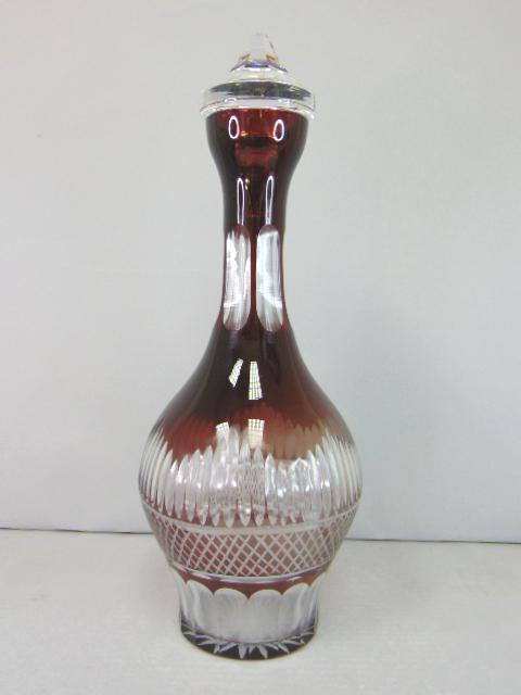Vintage Ruby Red Bohemian Cut To Clear Glass Decanter