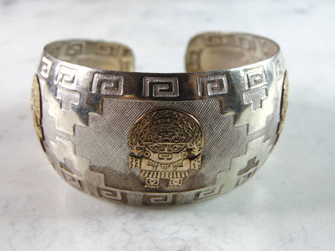 Womens Vintage Estate Sterling Silver & 18k Gold Inca Cuff Bracelet