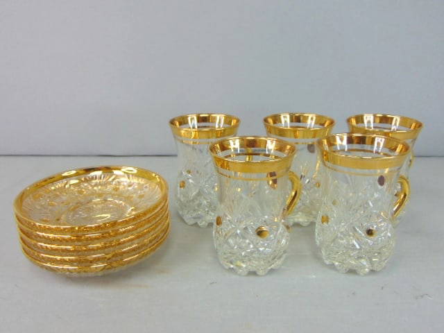 Set Of 5 Vintage Estate Cut Glass Cups And Saucers Auction