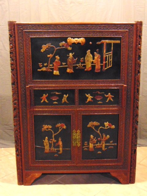 VINTAGE ANTIQUE HAND CARVED CHINESE BAR W/ SOAPSTONE