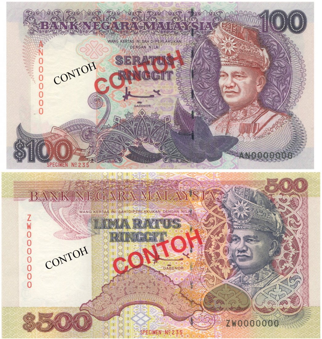 MY, 7th series, RM 100 and RM 500 Specimen banknotes,