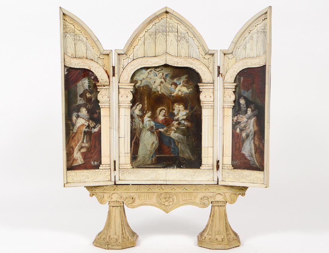 CONTIN GOTHIC STYLE PAINTED & CARVED IVORY TRIPTYCH