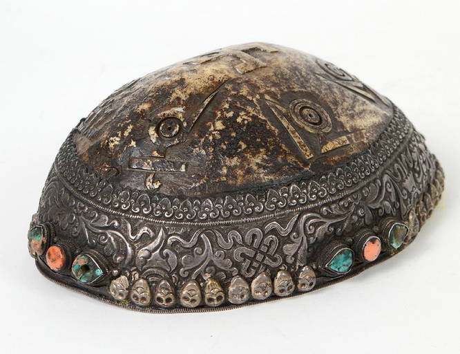 Tibetan Mineral And Silver Mounted Kapala Skull Cap
