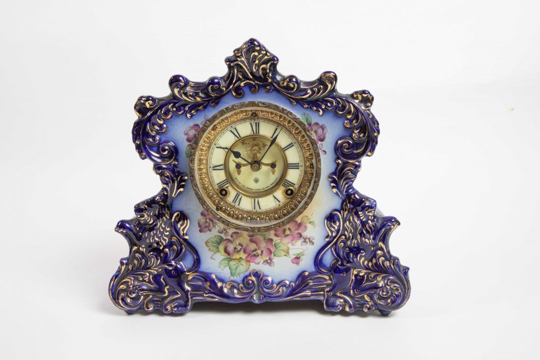 ROCOCO STYLE FLO BLUE PORCELAIN MANTLE CLOCK