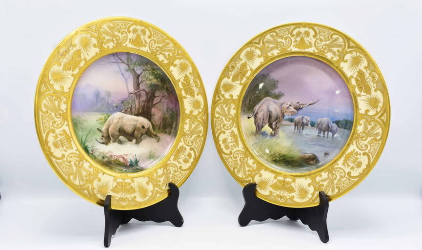 Pr German Painted & Gilt Porcelain Safari Plates