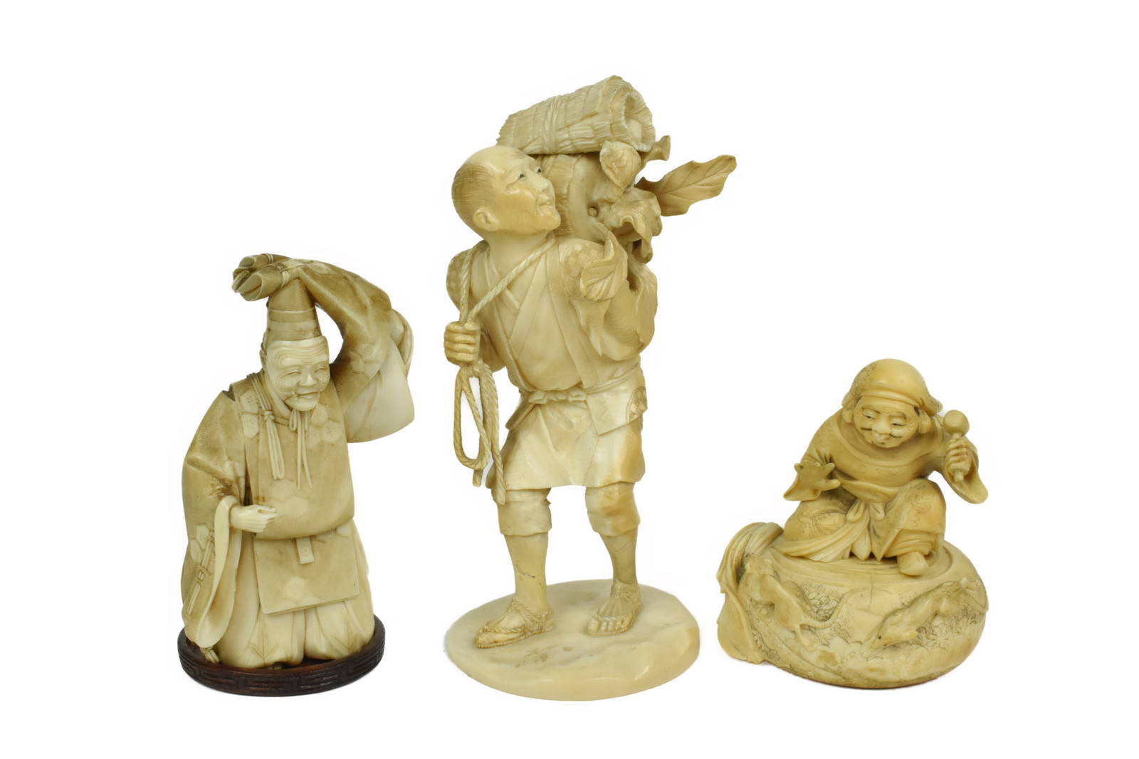 Three Antique Japanese Carved Figures To Include A Standing Farmer, A ...