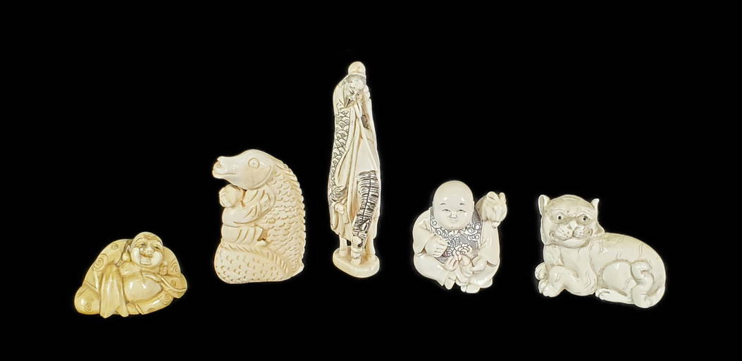 Group Of Five Chinese Bone And Ivory Netsukes And Studies, Three In ...