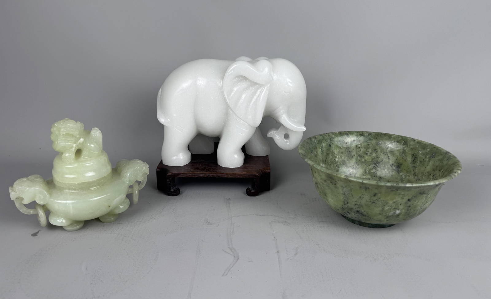 Group Of Chinese Jade Objects D'art To Include: A Large Spinach Jade ...