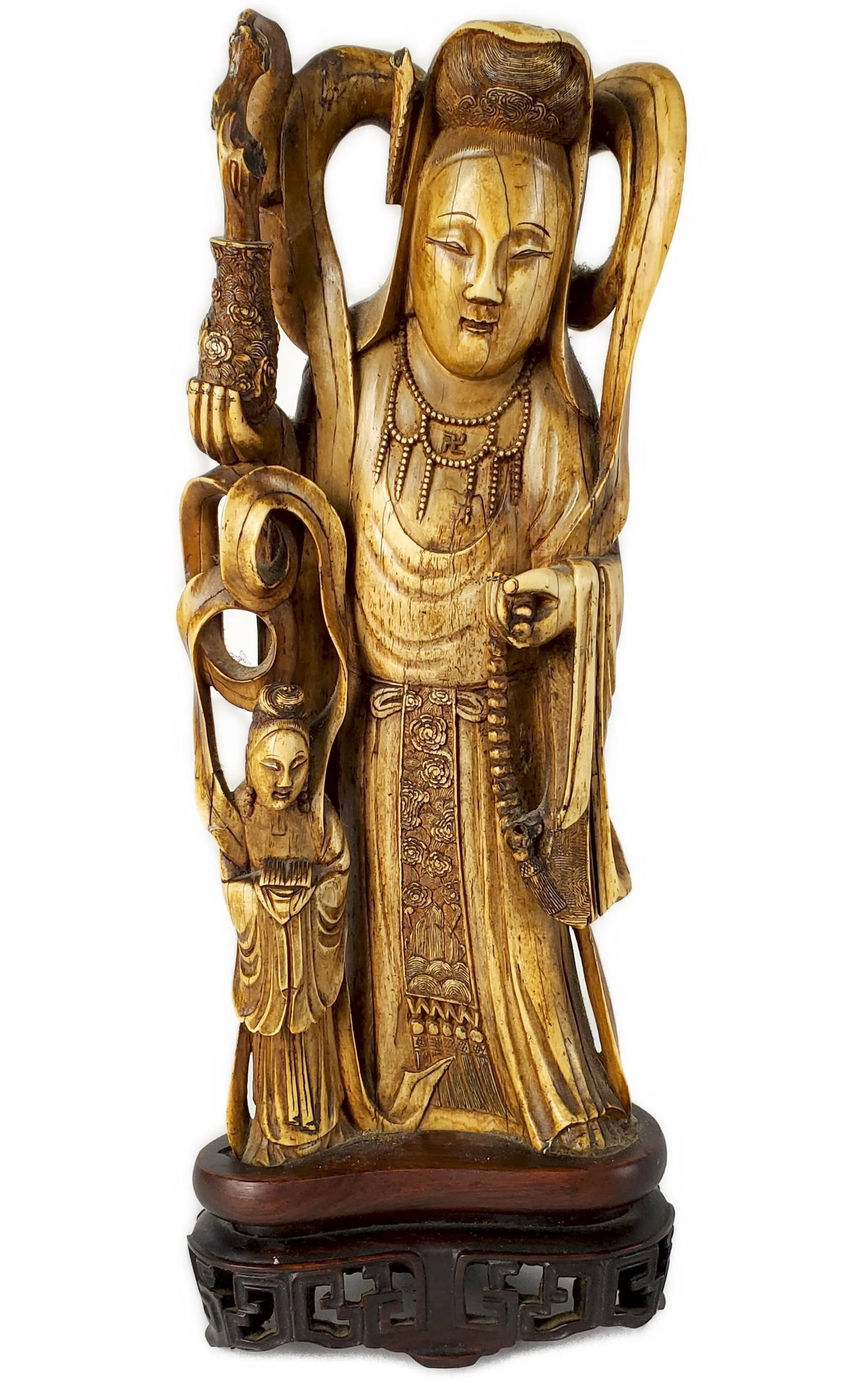 Chinese Carved Figure Of Quan-yin With Child9 1/4" H. 3 1/2" W.1 3/4" D., Mounted To A Metal ...