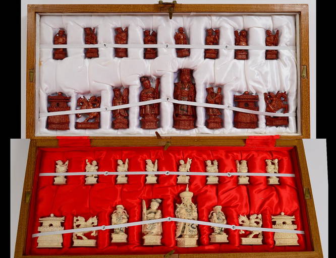 Carved And Stained Ivory Chess Set