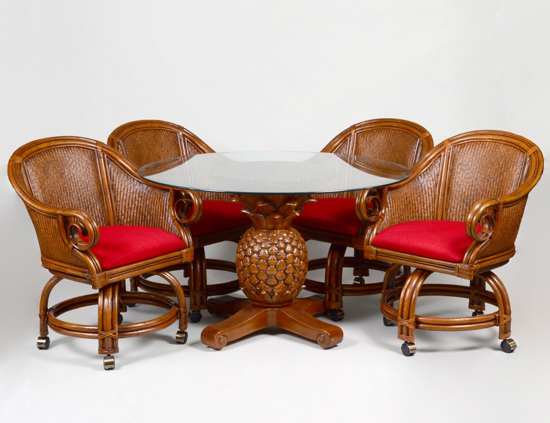 GLASS TOP PINEAPPLE BASE TABLE AND FOUR ARMCHAIRS