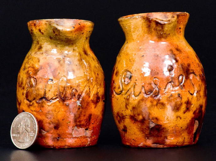 Rare Pair Of Miniature Redware Presentation Pitchers,