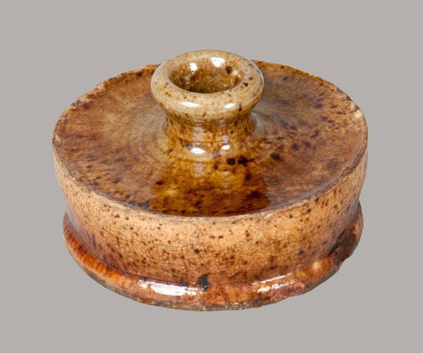 Redware Inkwell With Speckled Olive Glaze