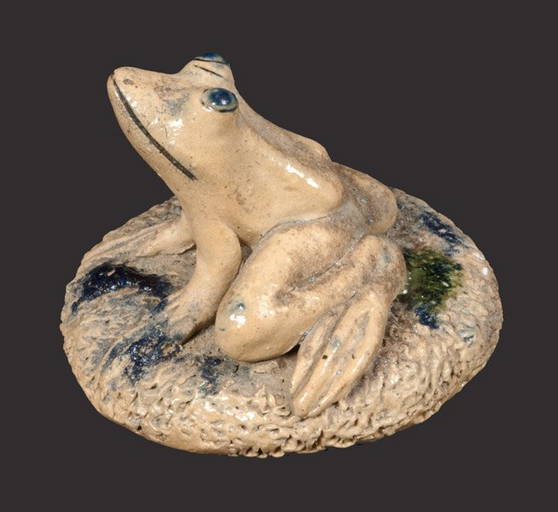 Rare Salt Glazed Stoneware Frog Paperweight Signed